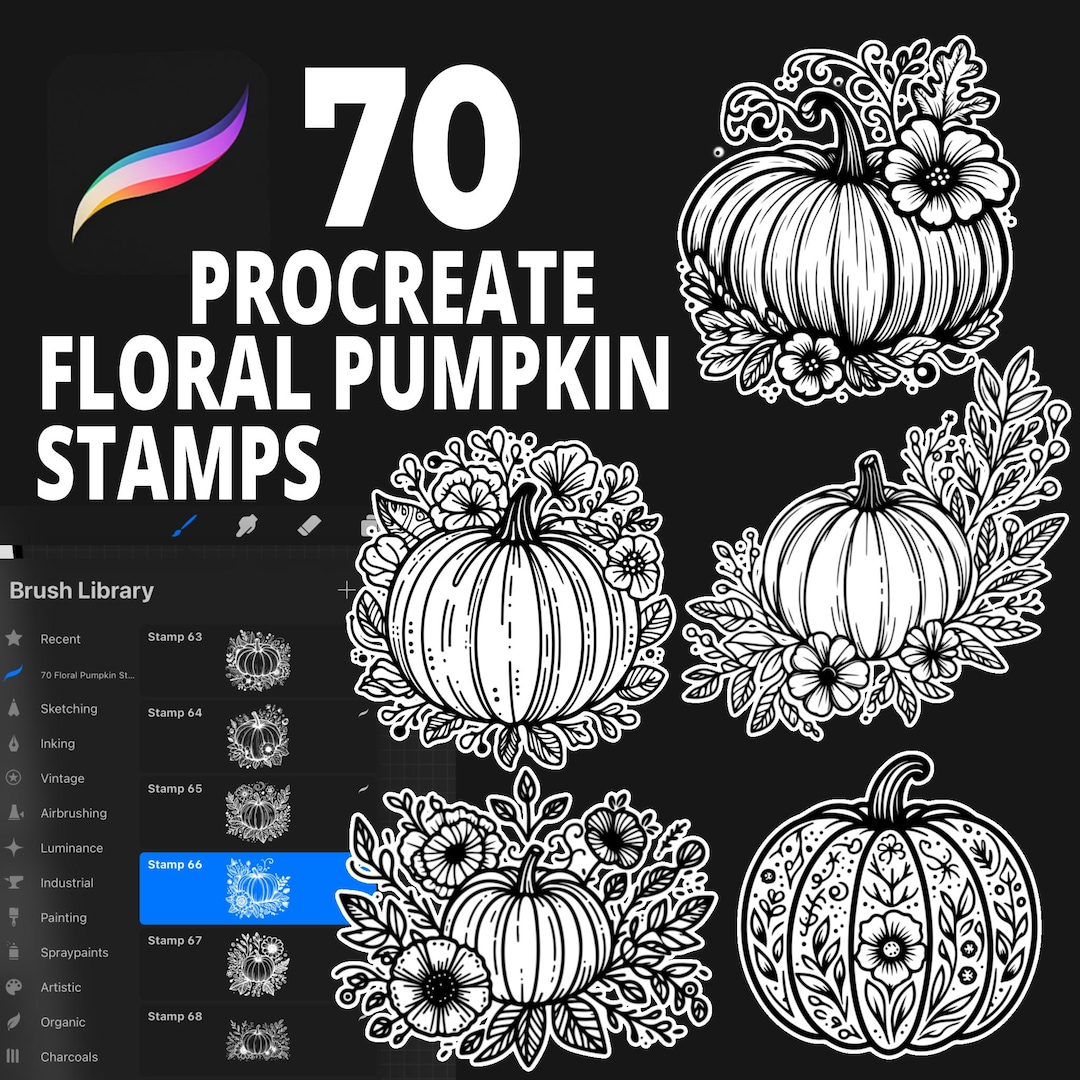 70 Procreate Floral Pumpkin Stamp Brushes, Autumn Stamp, Halloween ...