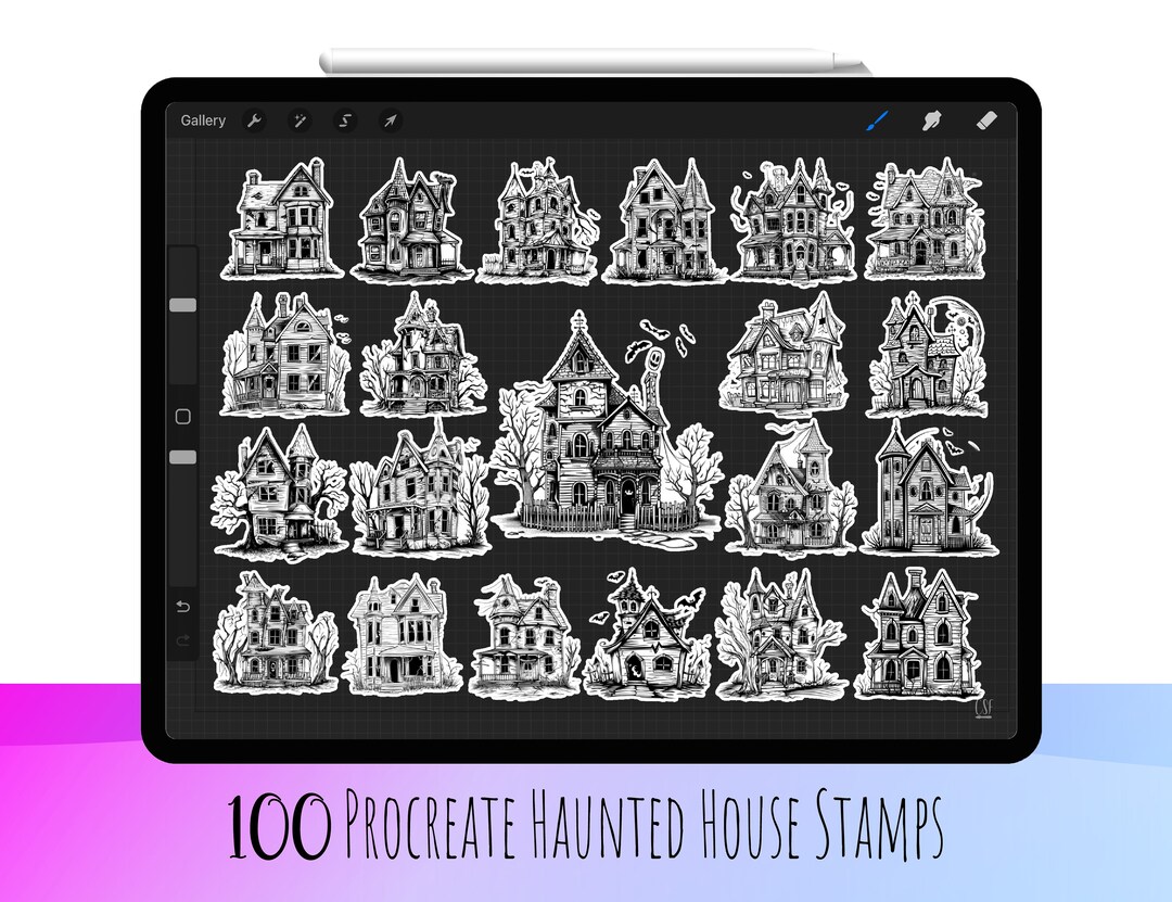 100 Procreate Haunted House Stamp Brushes, Creepy House Stamp ...