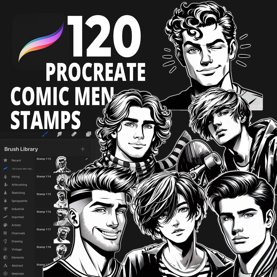 120 Procreate Comic Men Stamps for Pop Art Portraits, Retro Comic Style ...