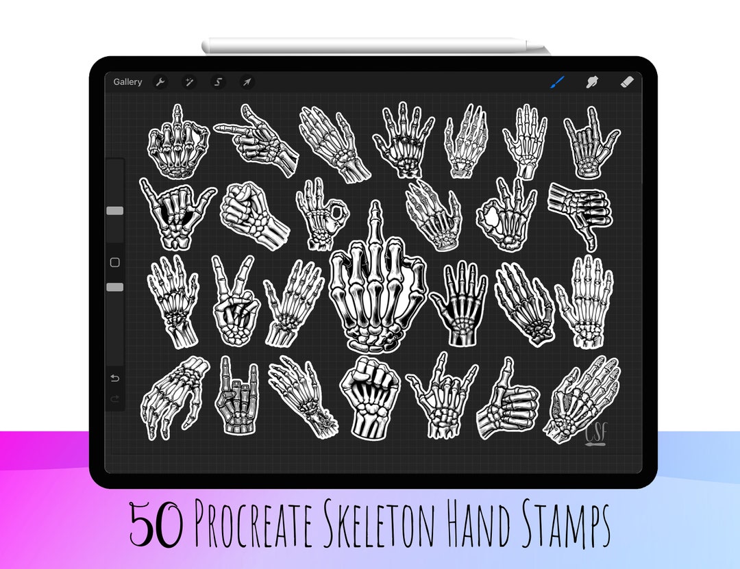 50 Procreate Skeleton Hand Stamp Brushes, Tattoo Stamp Set, Skeleton ...