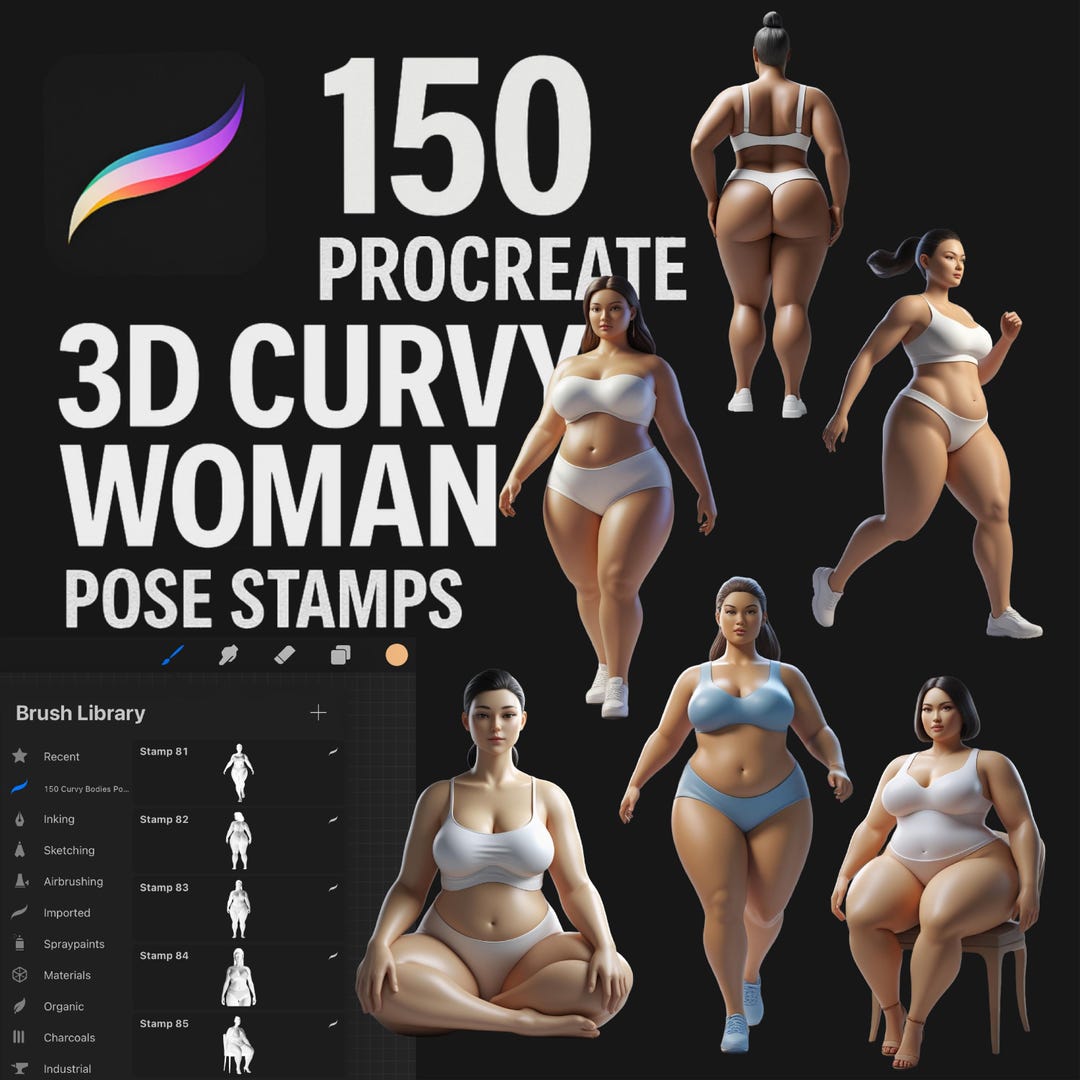 150 Procreate 3D Curvy Woman Bodies Pose Stamp Brushes, Plus Size Pose Stamp, Procreate 3D Stamp ...