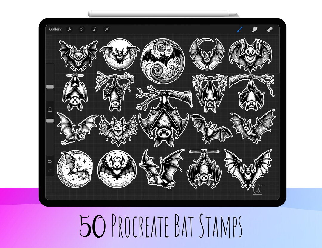 50 Procreate Bat Stamp Brushes, Bat Stamp Set, Halloween Procreate ...