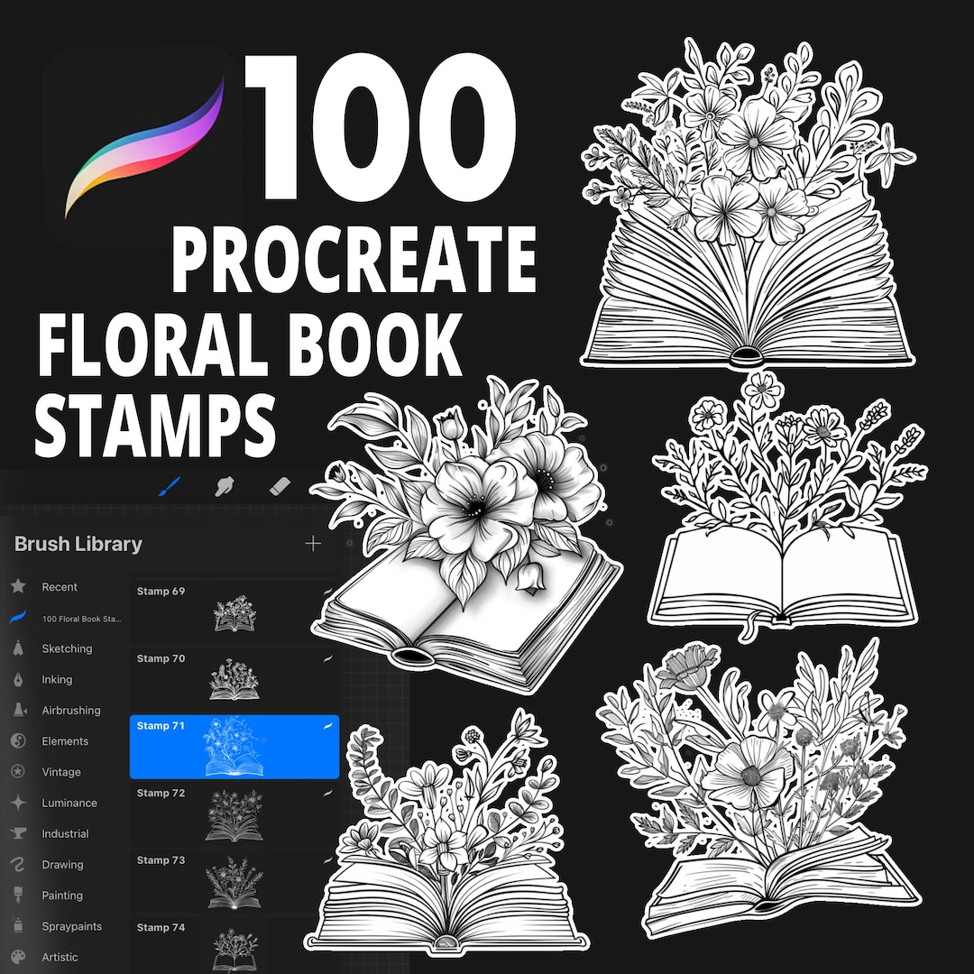 100 Procreate Floral Book Stamp Brushes, Book Stamp Set, Reading Stamp ...