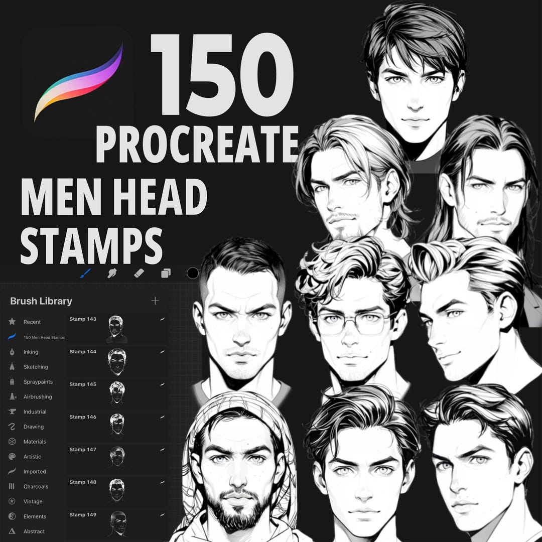 150 Procreate Men Head Stamps, Male Face Stamps, Digital Portrait ...