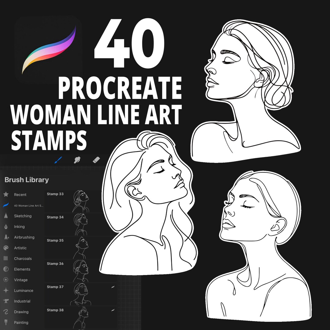 40 Procreate Woman Line Art Stamp Brushes, Procreate Minimalist, Woman ...
