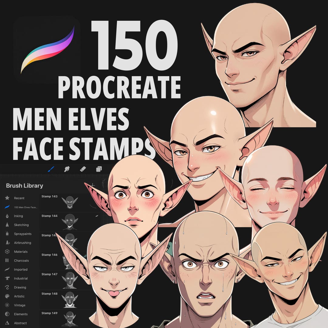 150 Procreate Elf Man Face Stamps, Fantasy Male Elf Portrait Brushes ...