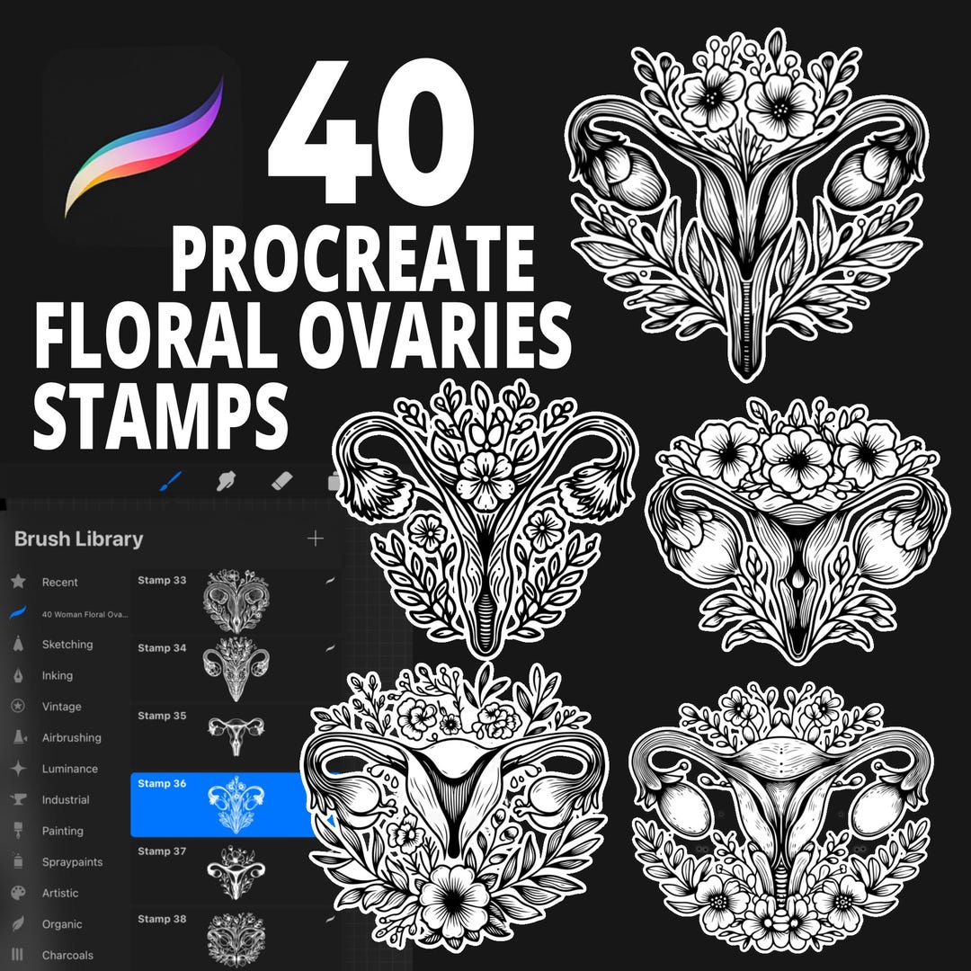 40 Procreate Woman Floral Ovaries Stamp Brushes, Feminine Floral Art ...