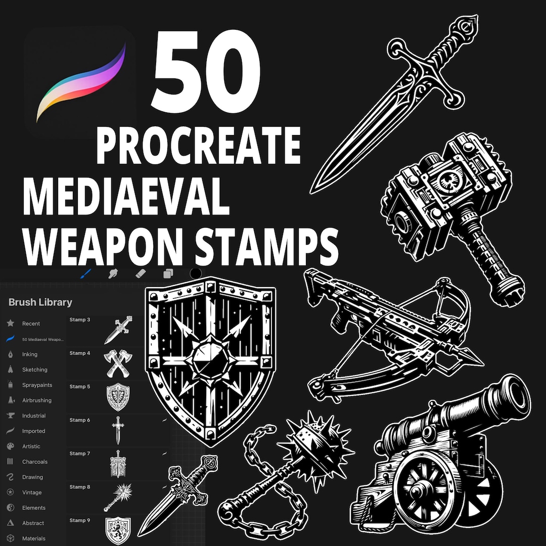 50 Procreate Medieval Weapon Stamps for Fantasy Art, RPG Illustration ...