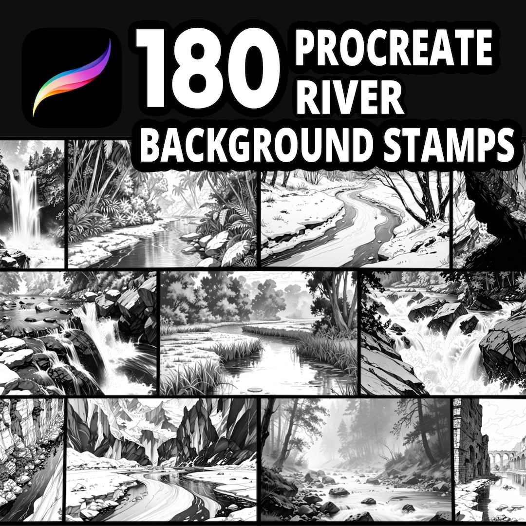 180 Procreate River Background Stamps, Nature Scene Design, Fantasy ...