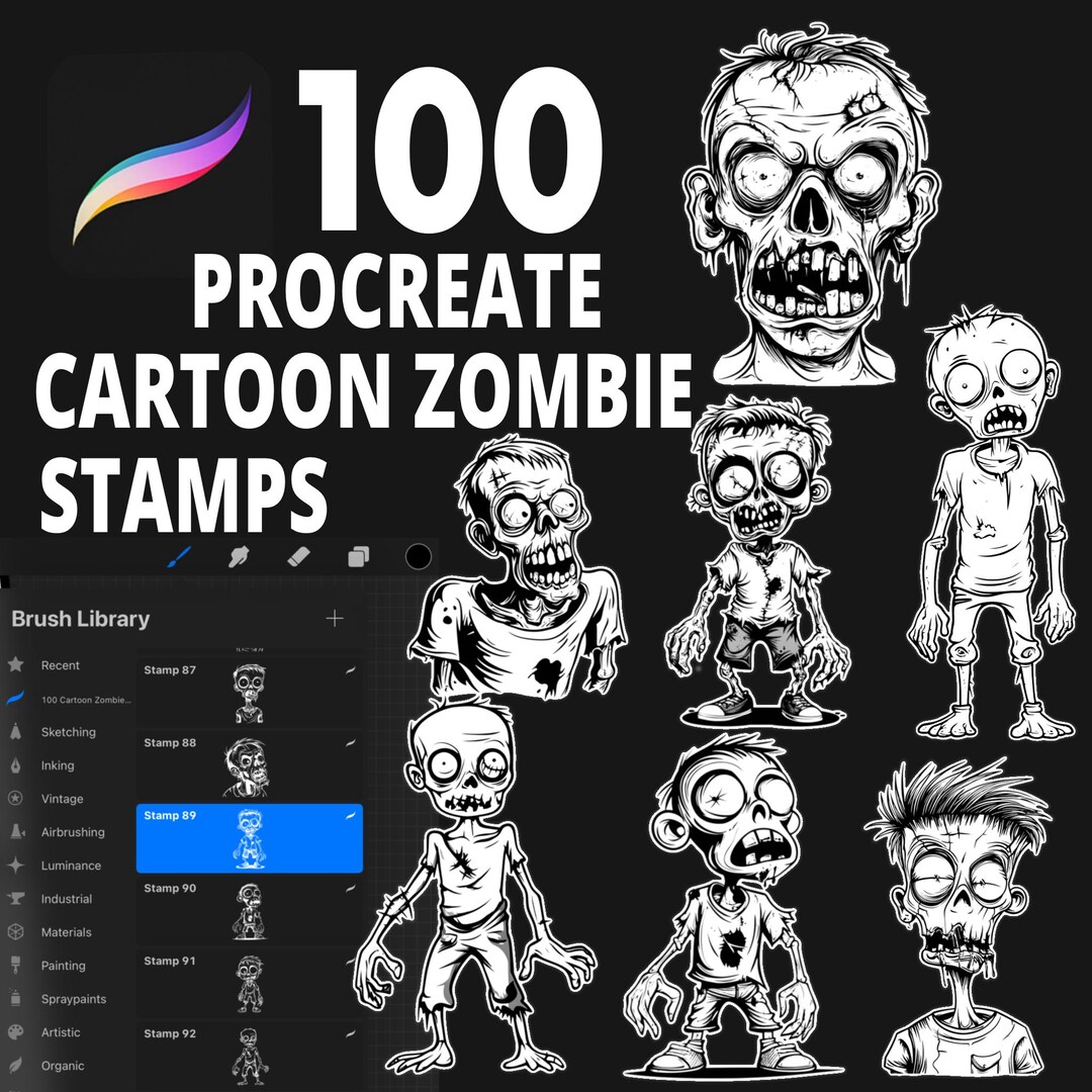 100 Procreate Cartoon Zombie Stamp Brushes, Zombie Stamp Set, Horror ...
