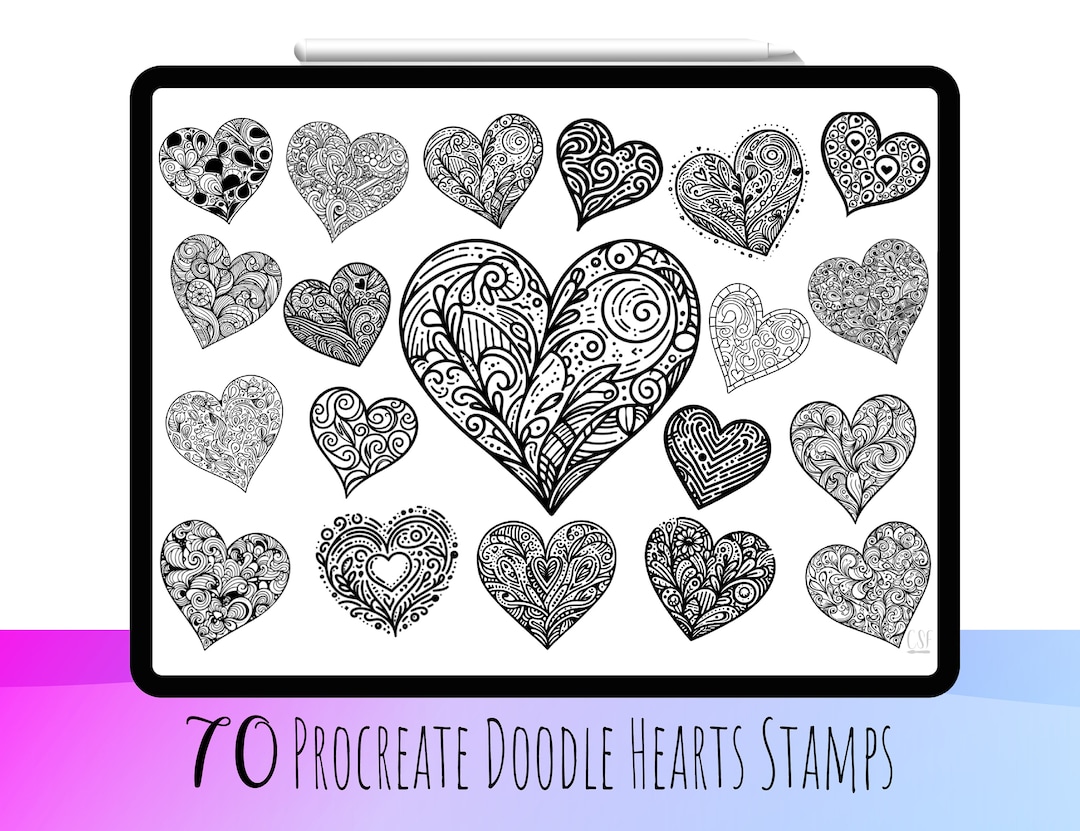 70 Procreate Doodle Heart Stamp Brushes, Valentines Day Stamp Set ...