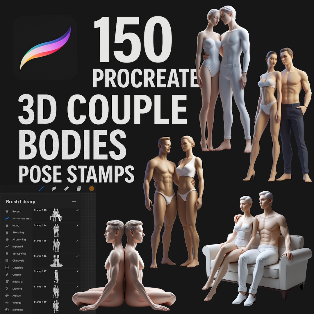 150 Procreate 3D Couple Pose Stamp Brushes, Procreate 3D Stamp, Male and Female Pose, Human ...