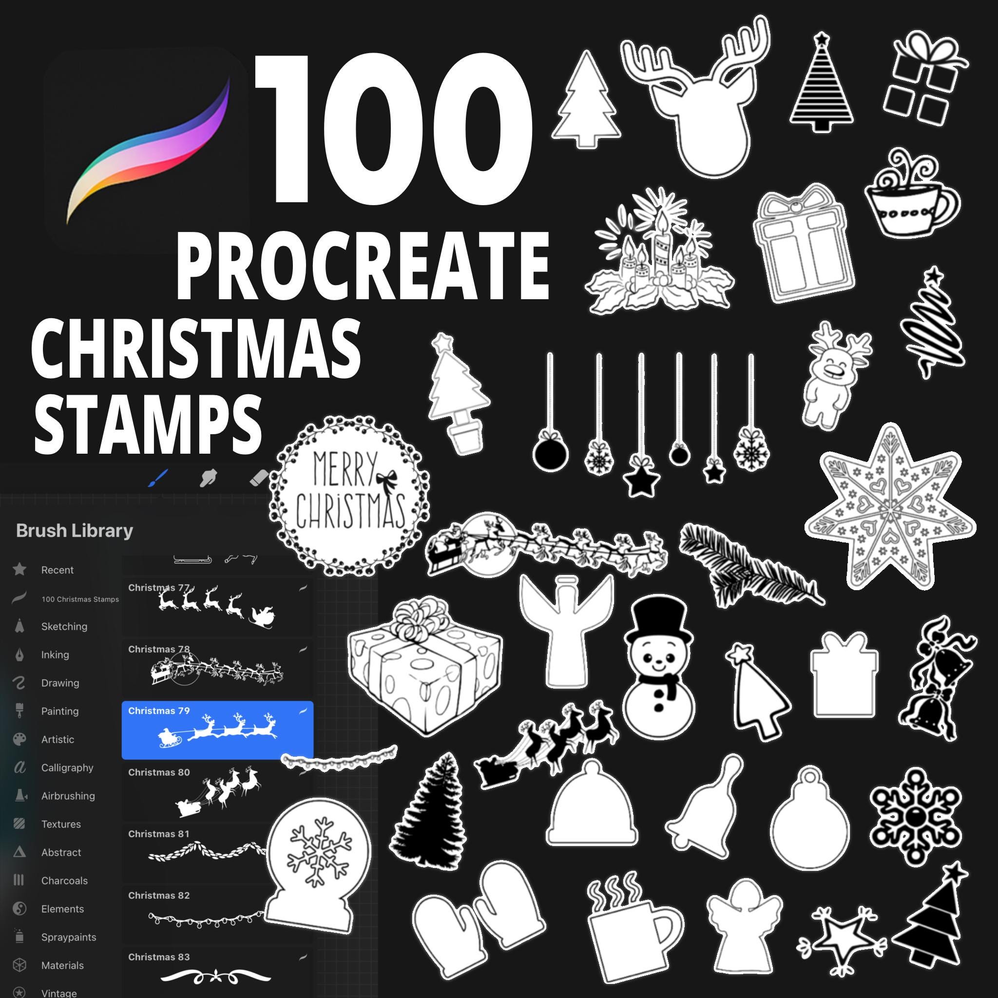 100 Procreate Christmas Stamp Brushes, Christmas Stamp Set, Christmas ...