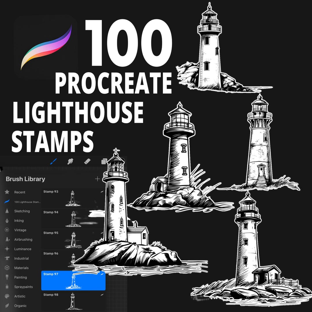100 Procreate Lighthouse Stamp Stamps for Nautical Art, Coastal ...