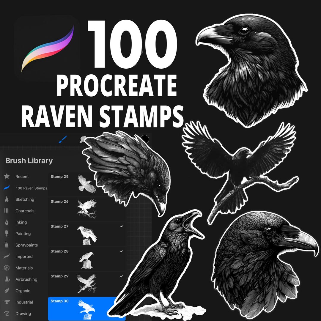 100 Raven Bird Stamp Brushes, Procreate Crow, Bird Procreate, Gothic ...