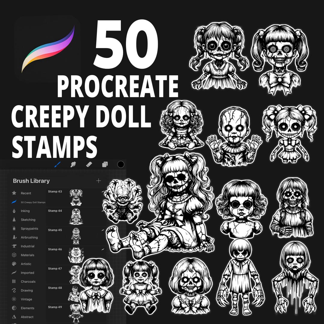 50 Procreate Creepy Doll Stamps, Horror Doll Brushes, Scary Gothic ...