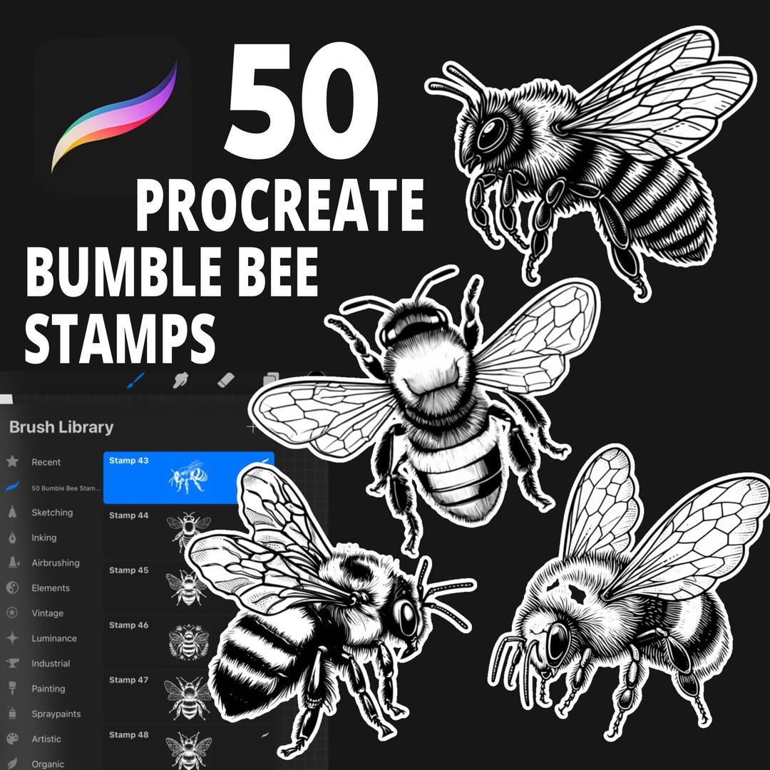 50 Procreate Bumble Bee Stamp Brushes, Honey Bee Stamp, Procreate Bug ...
