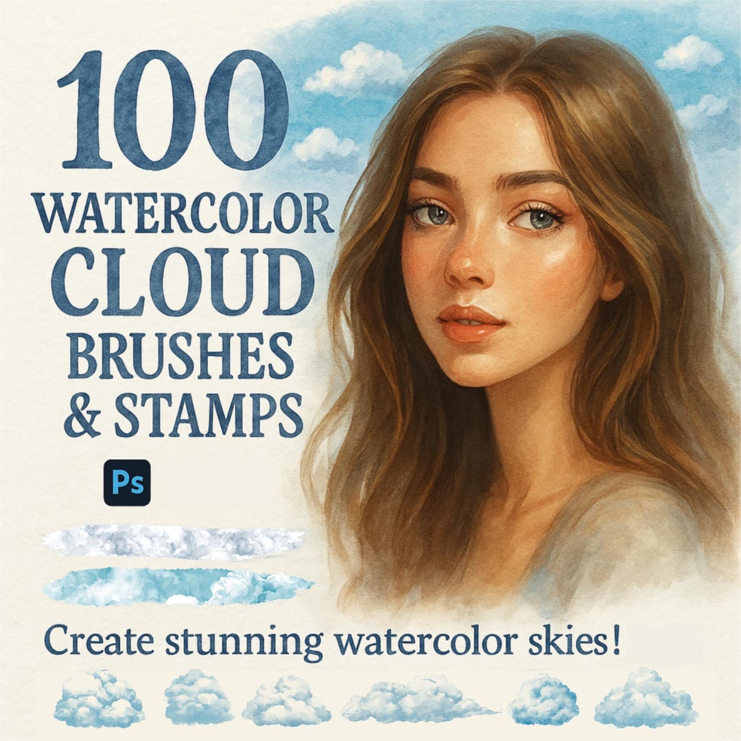 100 Watercolor Cloud Photoshop Brushes and Stamps, Nature Procreate ...