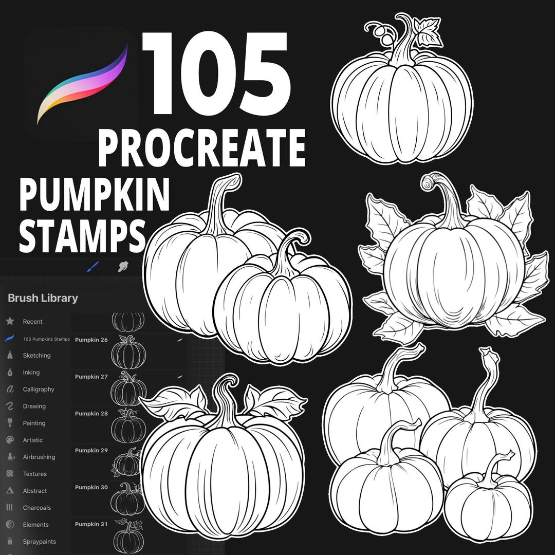 Autumn Pumpkin Procreate Stamps, 105 Botanical Brushes for Halloween ...
