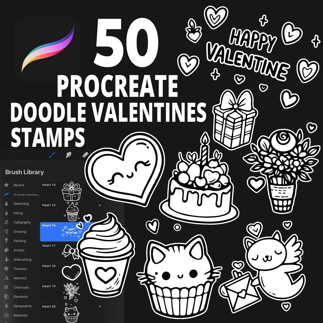Adorable Love Valentine Procreate Stamps, 50 Doodle Brushes for Digital ...