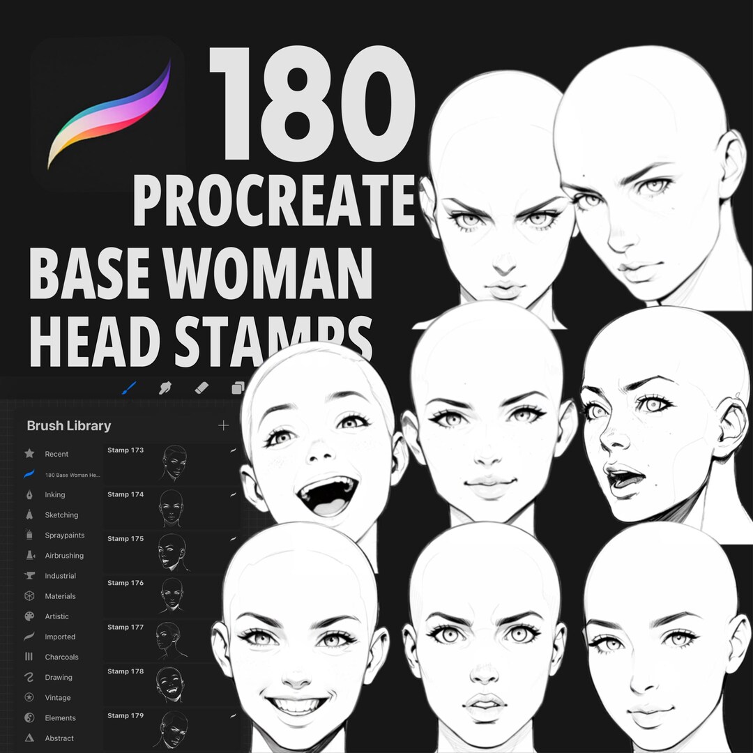180 Procreate Base Woman Head Stamps, Female Face Stamp Brush Set ...