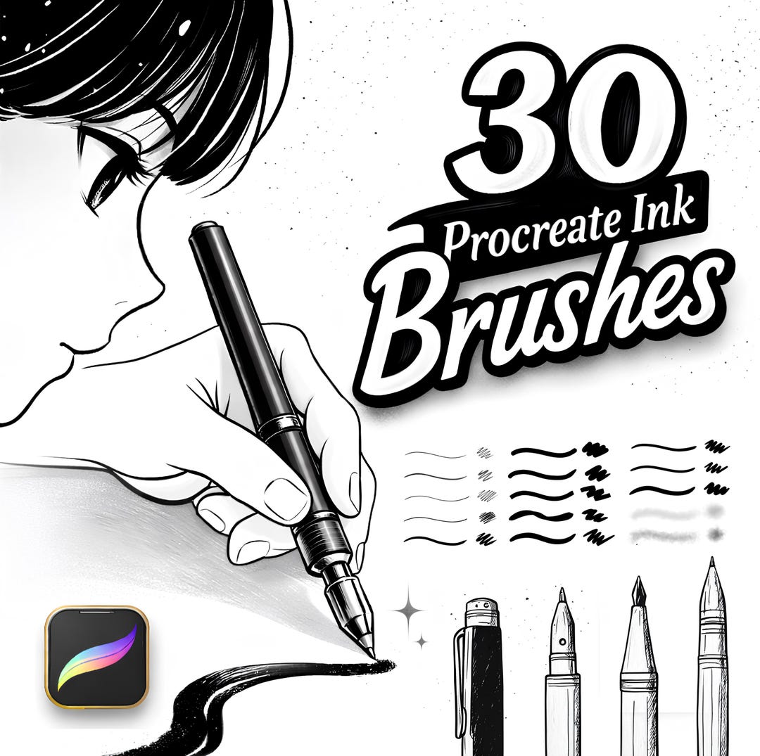 30 Ink Brushes, Fineline Procreate, Procreate Lineart, Procreate Inking ...