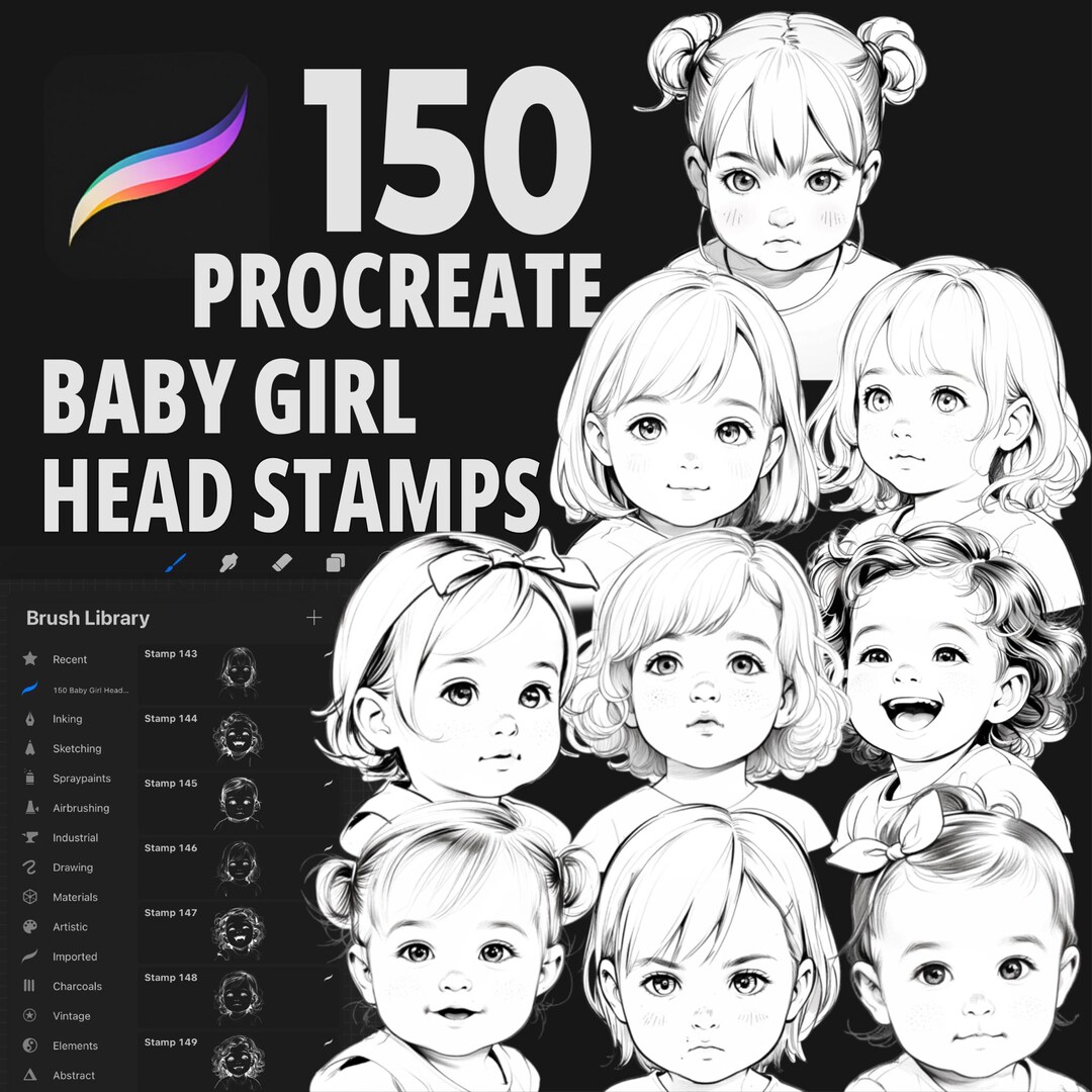150 Procreate Baby Girl Head Stamps, Cute Baby Face Stamp, Infant ...