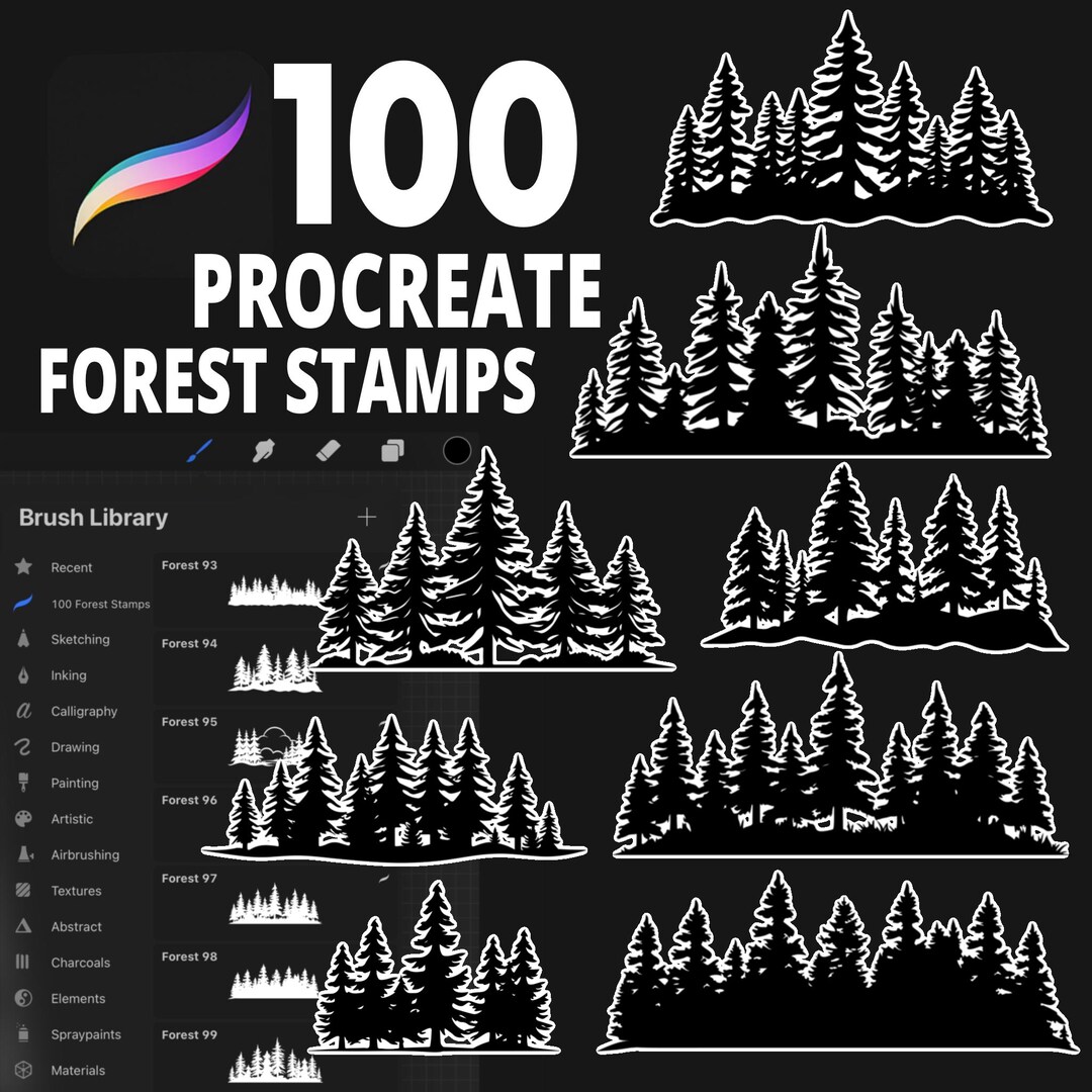 100 Procreate Forest Stamps, Pine Tree Silhouette Stamps, Nature ...