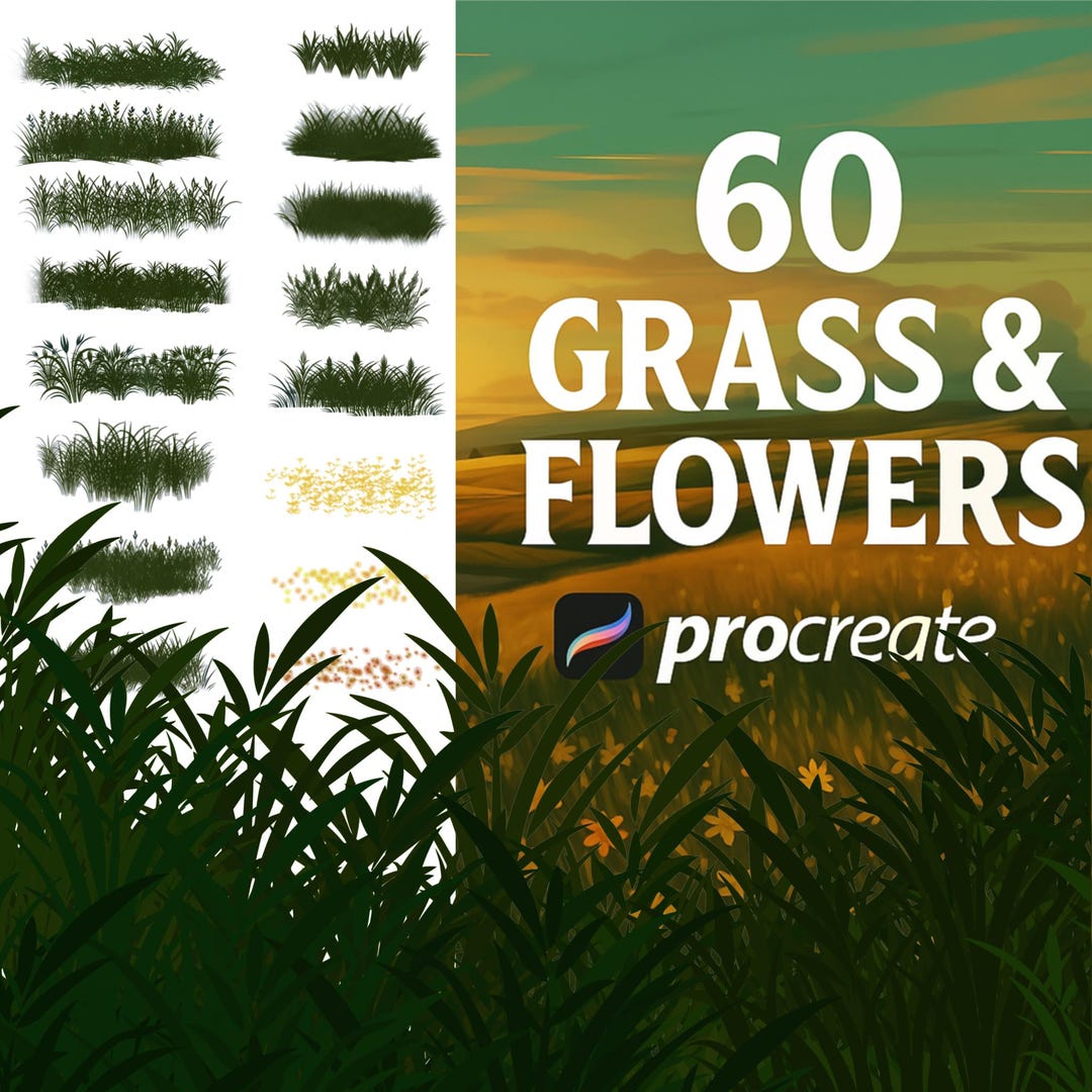 60 Grass Procreate Brushes, Flower Procreate, Digital Grass Brushes ...