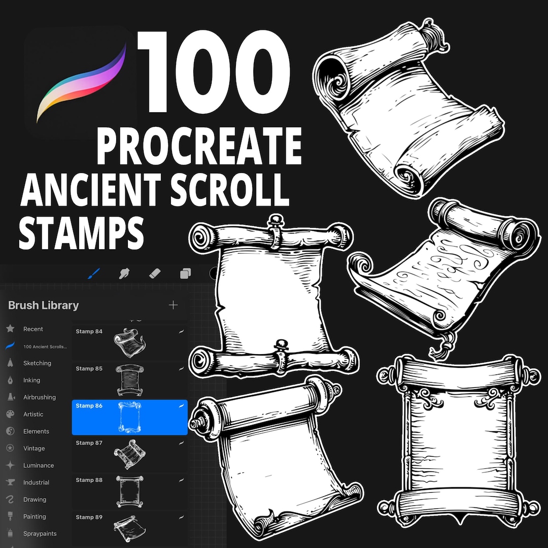 100 Procreate Ancient Scrolls Stamp Brushes, Old Scrolls Stamp Set ...