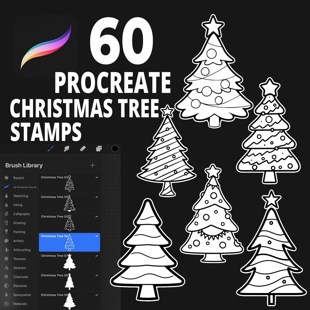 60 Procreate Christmas Tree Stamp Brushes, Christmas Tree Stamp Set ...