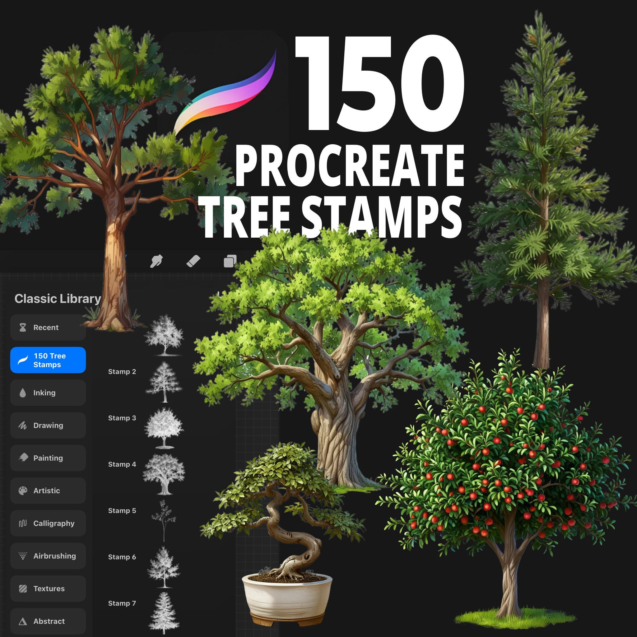 150 Procreate Tree Stamps for Digital Art, Forest Illustration ...