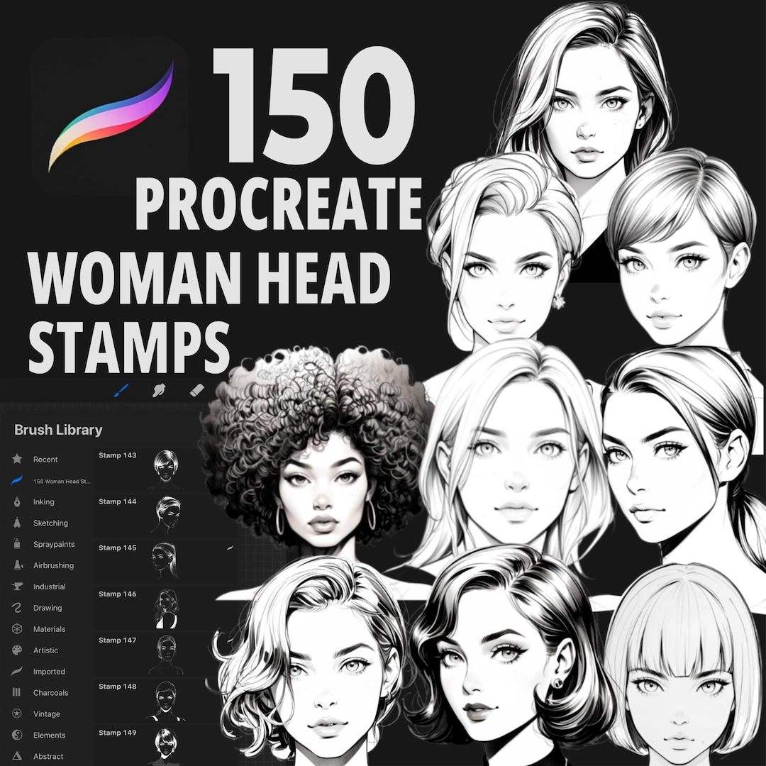 150 Procreate Woman Head Stamps, Female Face Brushes, Digital Portrait ...