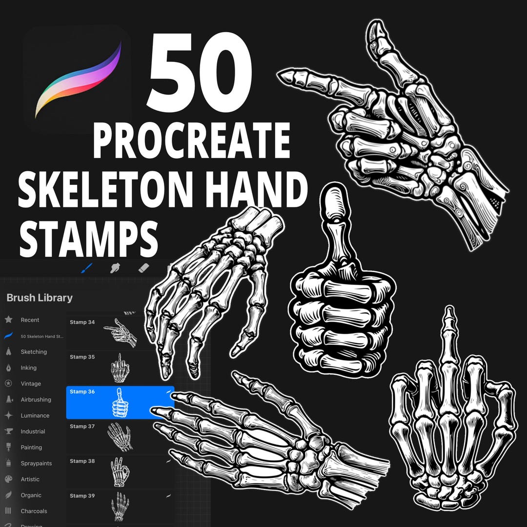 50 Procreate Skeleton Hand Stamp Brushes, Tattoo Stamp Set, Skeleton ...