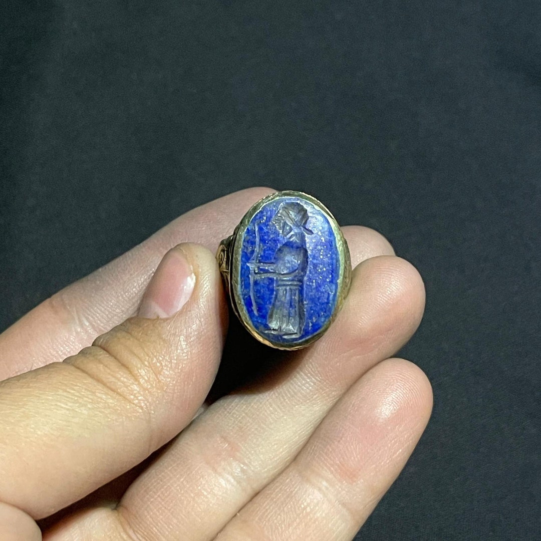 Old Gold Gilded Lapis Lazuli Intaglio Ring: Signed Near Eastern Seal - Etsy