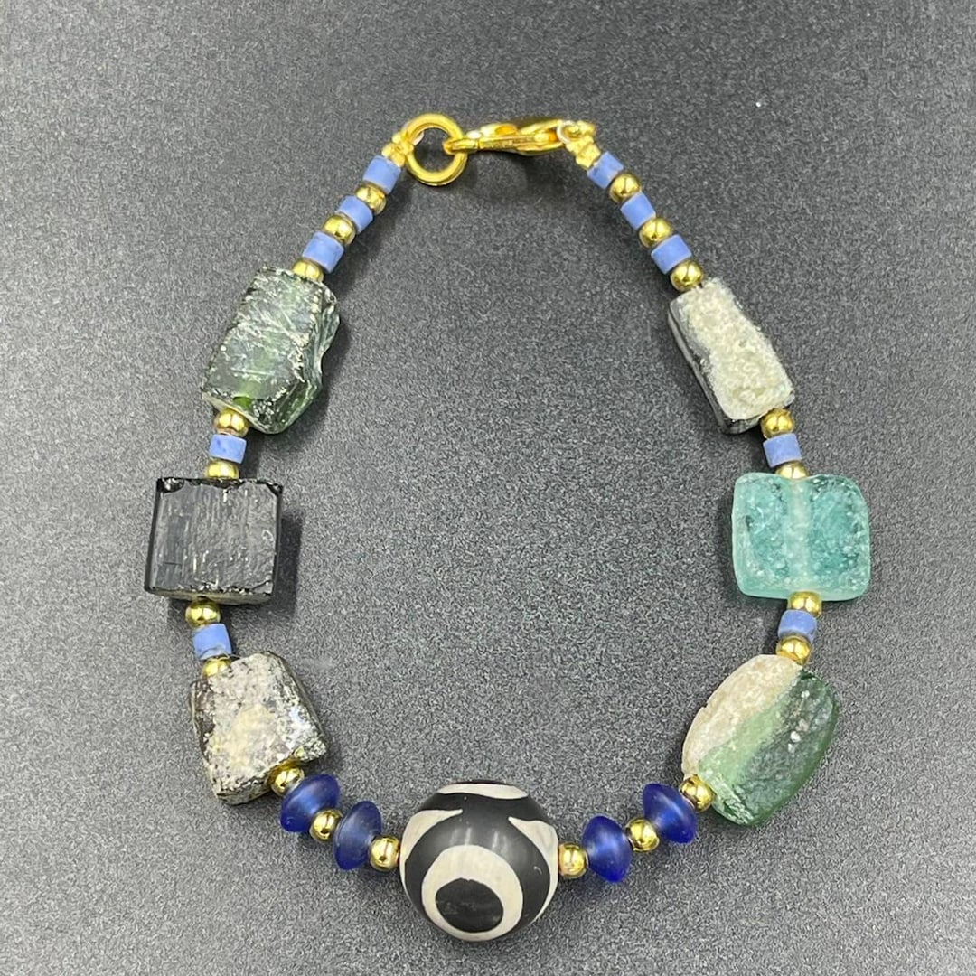 Ancient Roman Glass Bracelet: Gold Plated Beads, Dzi Bead, Lapis - Etsy