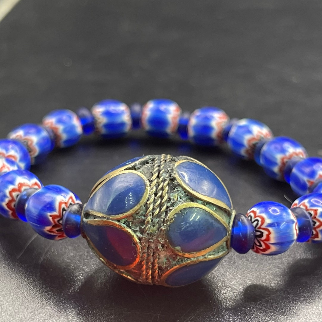 Beautiful Vintage Antique Blue Chervan Glass Beads With Medieval Brass ...