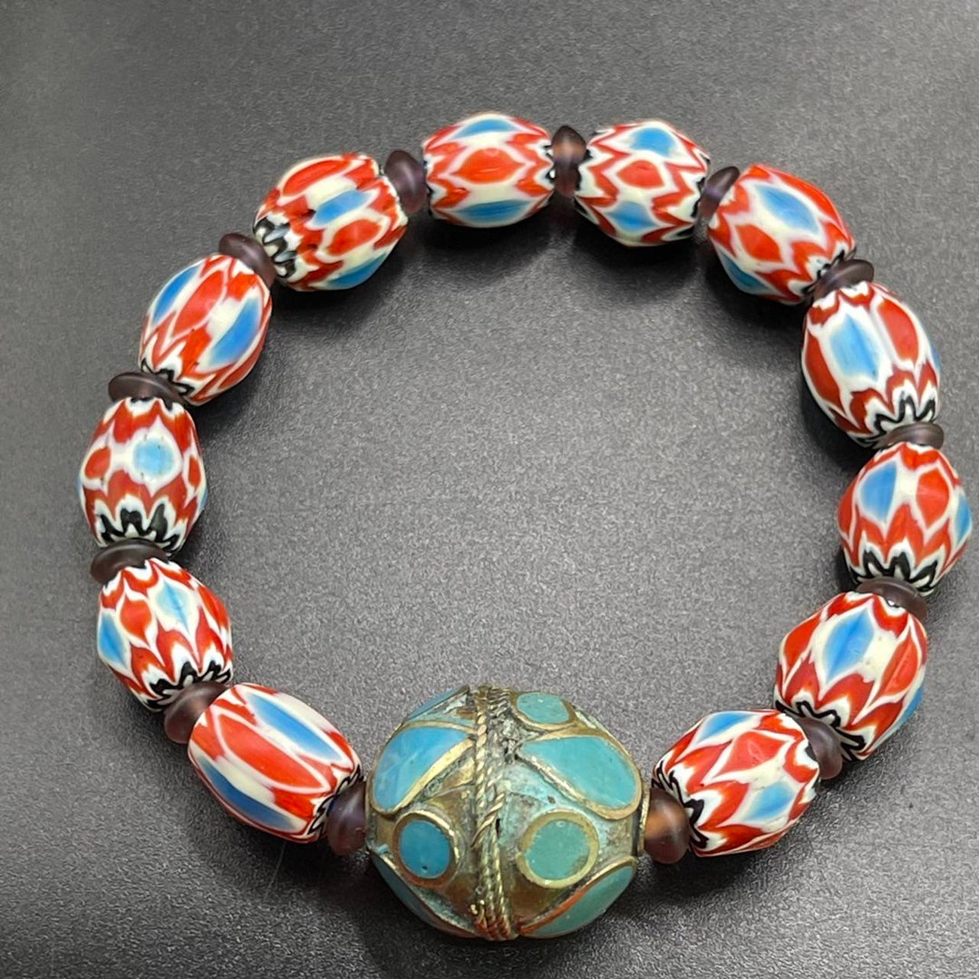 Vintage African Chevron Glass Bead Bracelet: Afghan Brass Stone ...