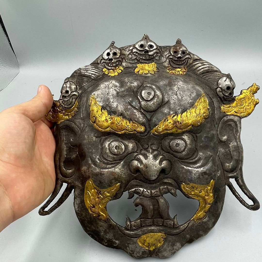 Ancient Near Eastern Gold Gilded Bronze Face Mask With Lot Skull Heads ...