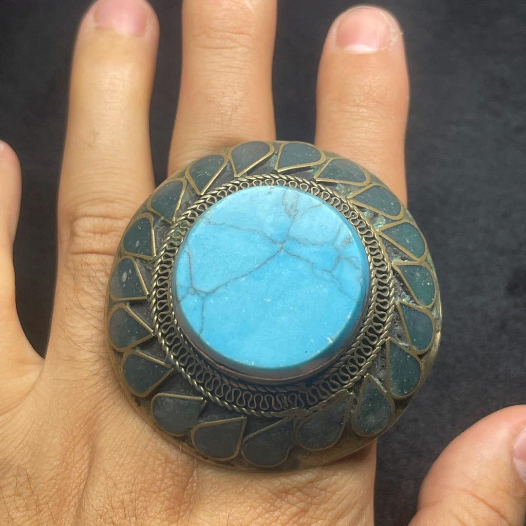Antique Middle Eastern Old Brass Huge Double Finger Ring With Turquoise ...