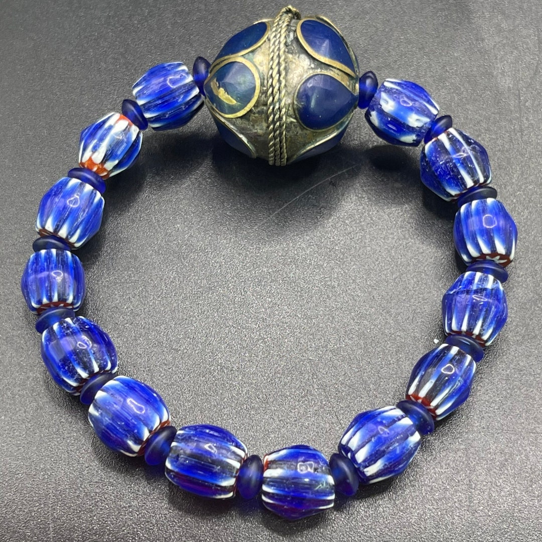 Wonderful Vintage Antique Blue Chervan Glass Beads With Medieval Brass ...