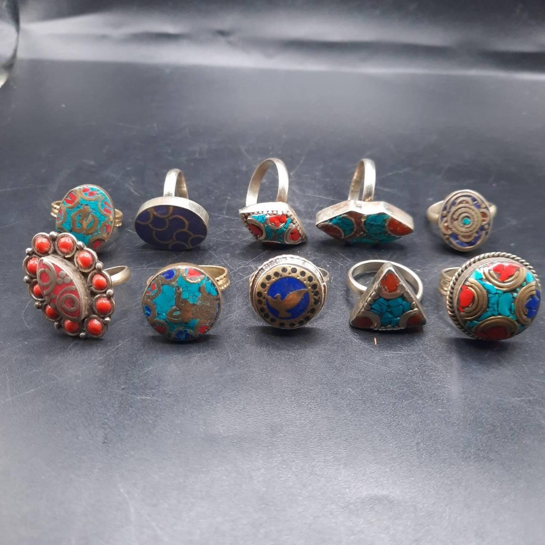 10 Pieces Nepali Vintage Brass With Multicolor Stones Beautiful Rings ...