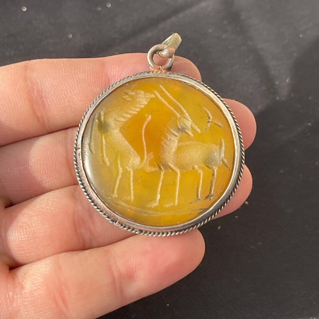 Unique Old Agate Intaglio Animals Engraved Stone and Brass Amulet ...