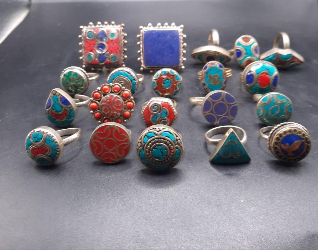20 Pieces Nepali Vintage Brass With Multicolor Stones Beautiful Rings ...
