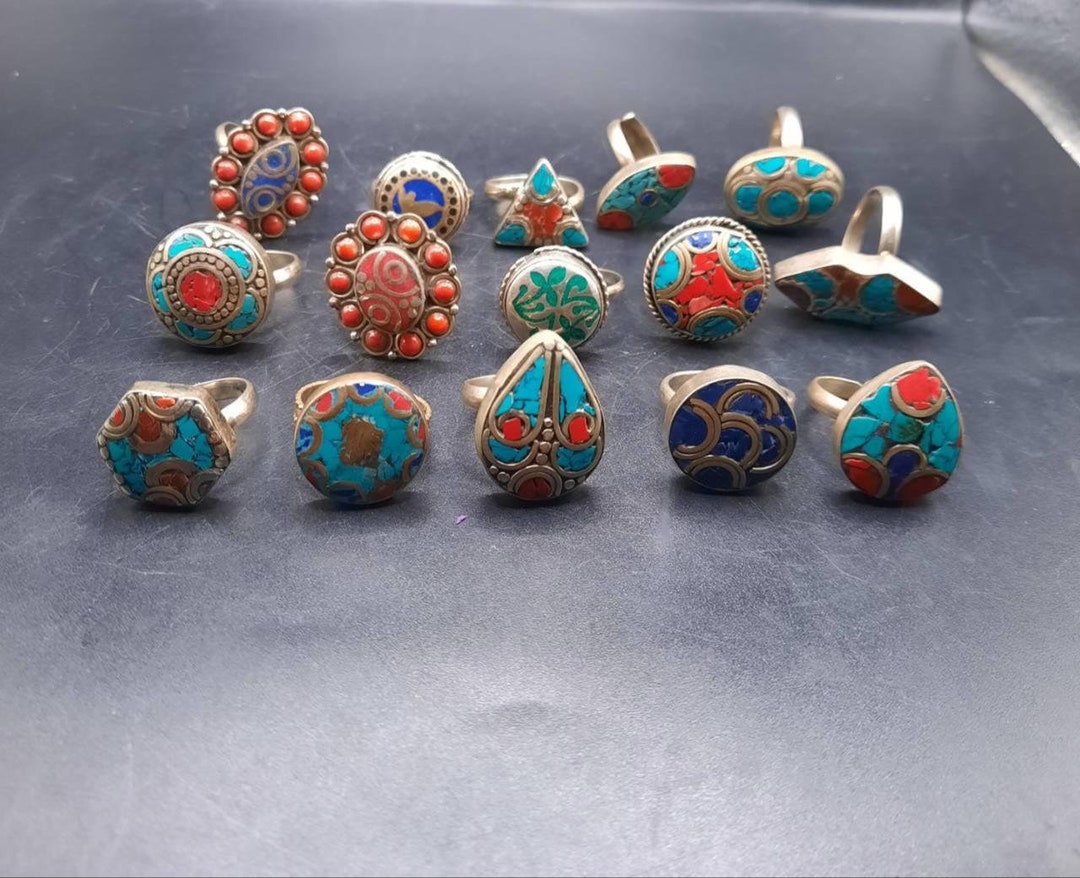 Vintage Nepali Brass Rings With Multicolor Stones - Etsy