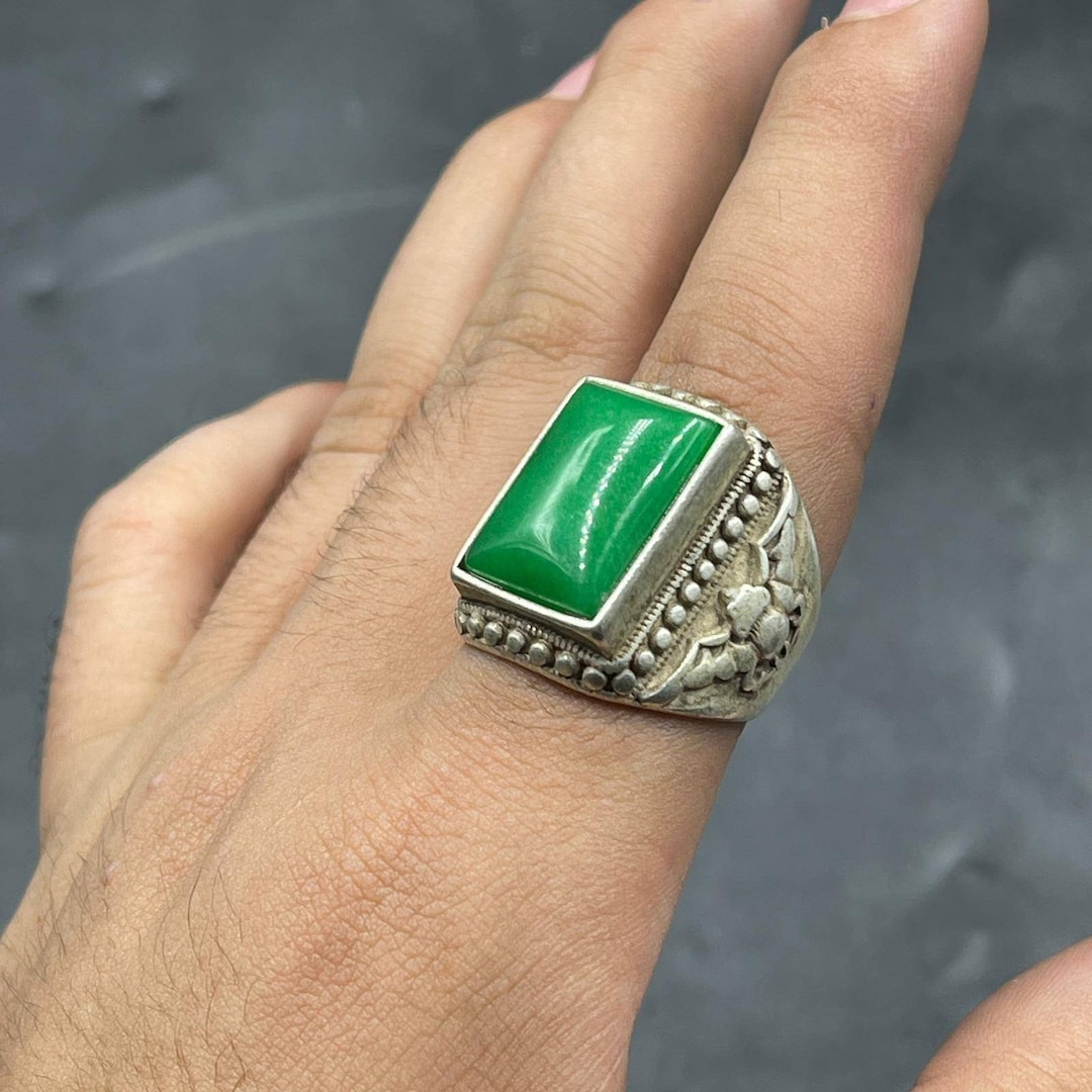 Antique Chinese Green Jade Ring - Silver Plated Rare Stone - Etsy