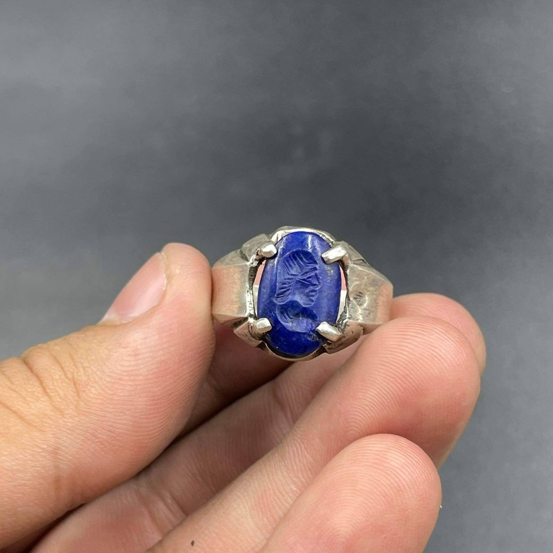 Antique Roman Lapis Lazuli Intaglio Ring: Engraved King Face, Old ...