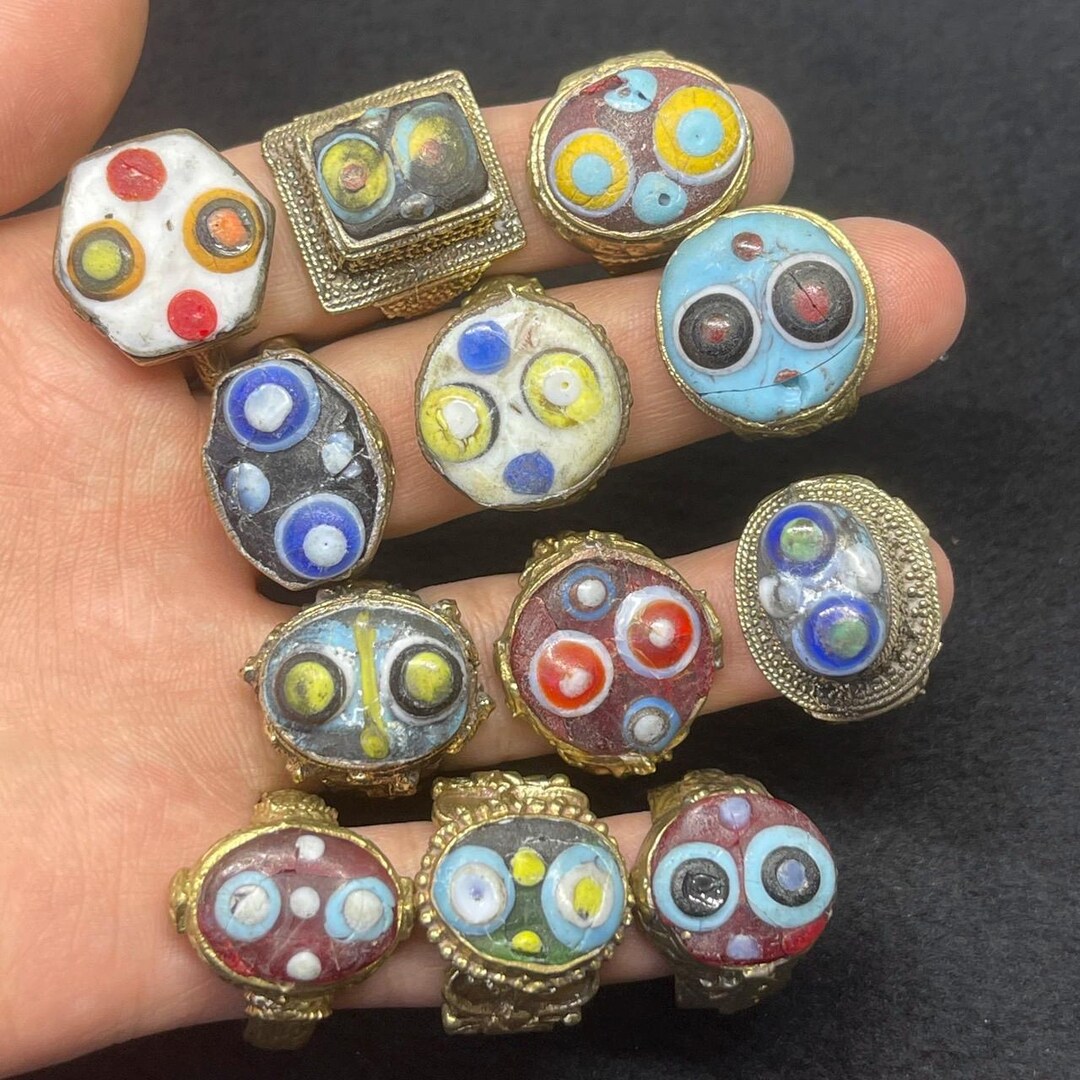 12 Pieces Ancient Gabree Eye Mosaic Ring: Gold Gilded Bronze, Near ...