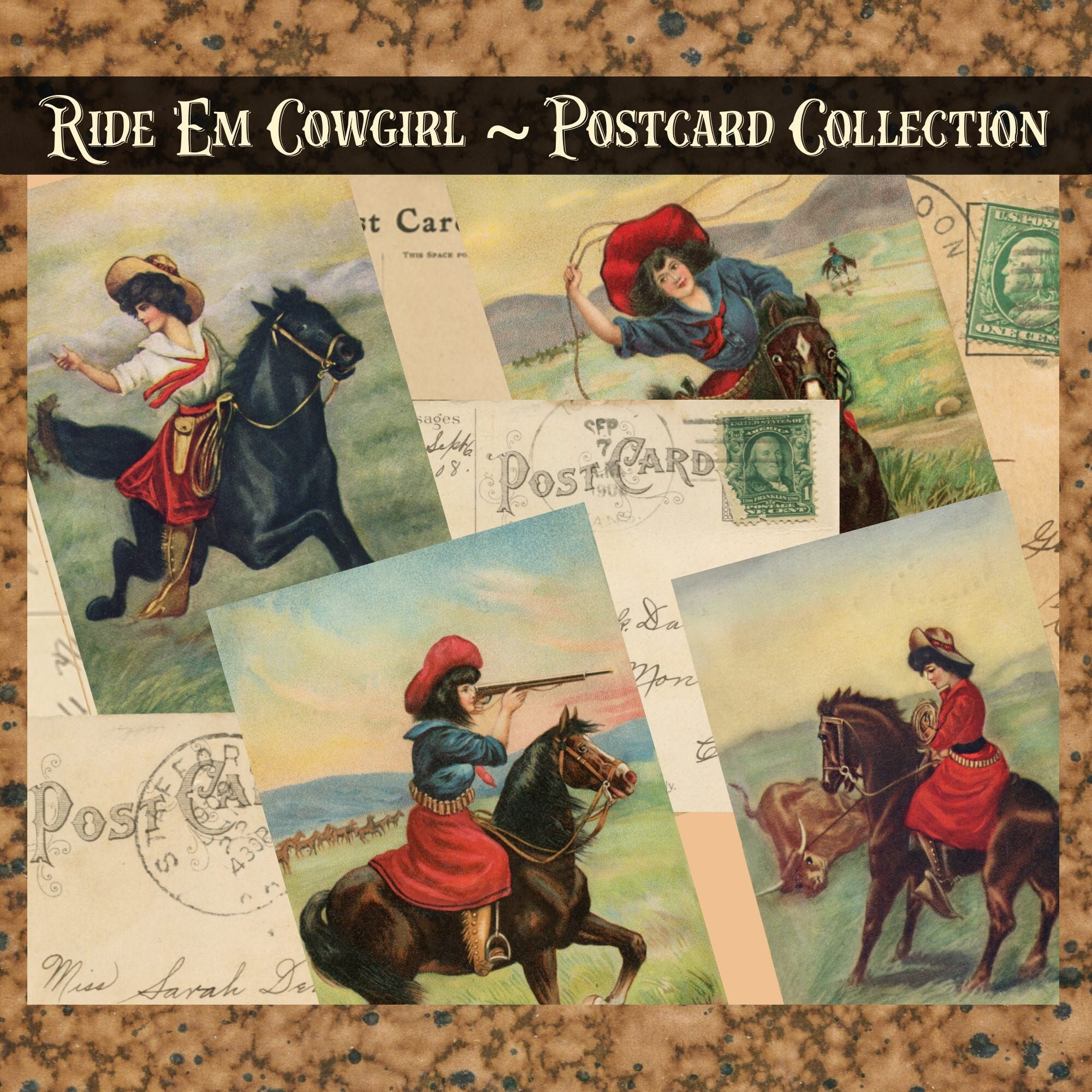 Ride 'em Cowgirl ~ 1900s Antique Postcard Collection *DIGITAL KIT ...