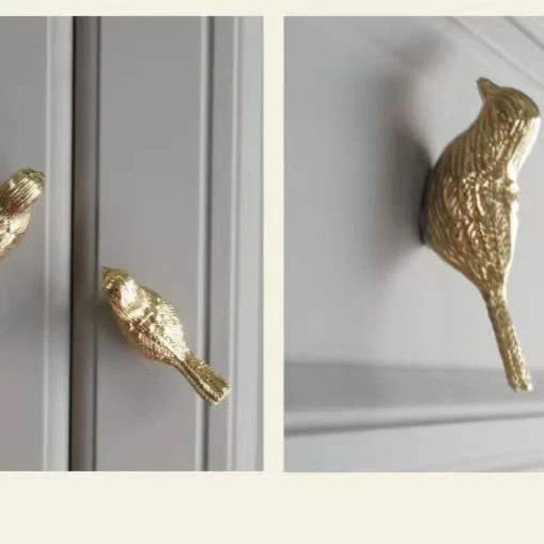 Solid Brass Birds Cabinet Knobs, Bird Golden Hook, Animal Drawer Knob, Natural Vintage Knob ...